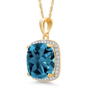 Gem Stone King 10K Yellow Gold London Blue Topaz and White Created Sapphire Pendant Necklace For Women (8.54 Cttw, Gemstone November Birthstone, Cushion Cut 12MM, with 18 Inch Chain)