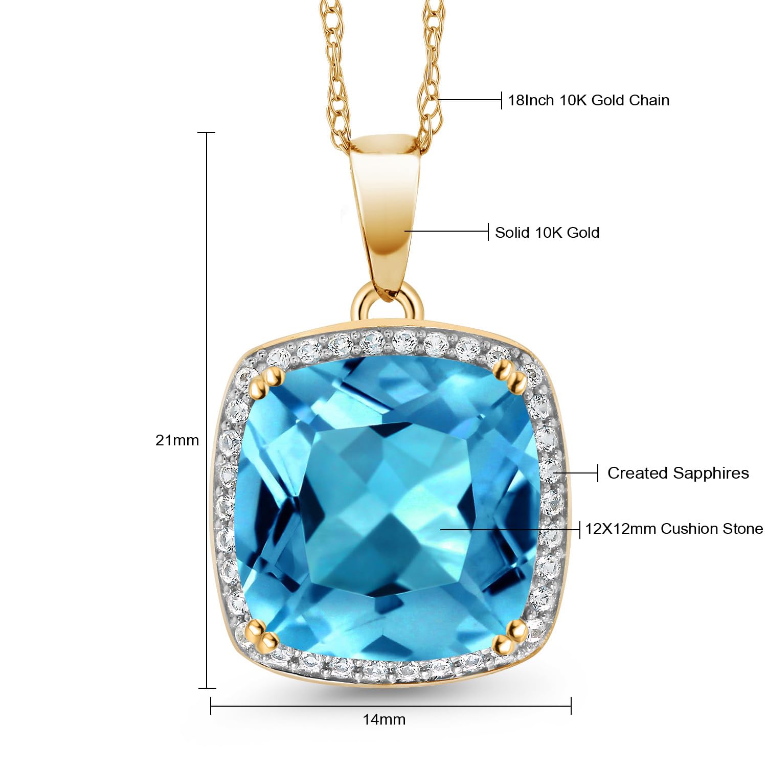 Gem Stone King Solid 10K Gold 12MM Cushion Cut Gemstone Birthstone and White Created Sapphire Halo Pendant Necklace | Gold Necklace For Women | With 18 Inch Gold Chain