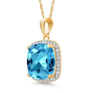 Gem Stone King Solid 10K Gold 12MM Cushion Cut Gemstone Birthstone and White Created Sapphire Halo Pendant Necklace | Gold Necklace For Women | With 18 Inch Gold Chain