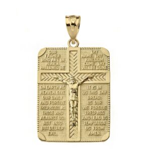 solid 14k gold religious lord's prayer and crucifix cross rectangular tag pendant