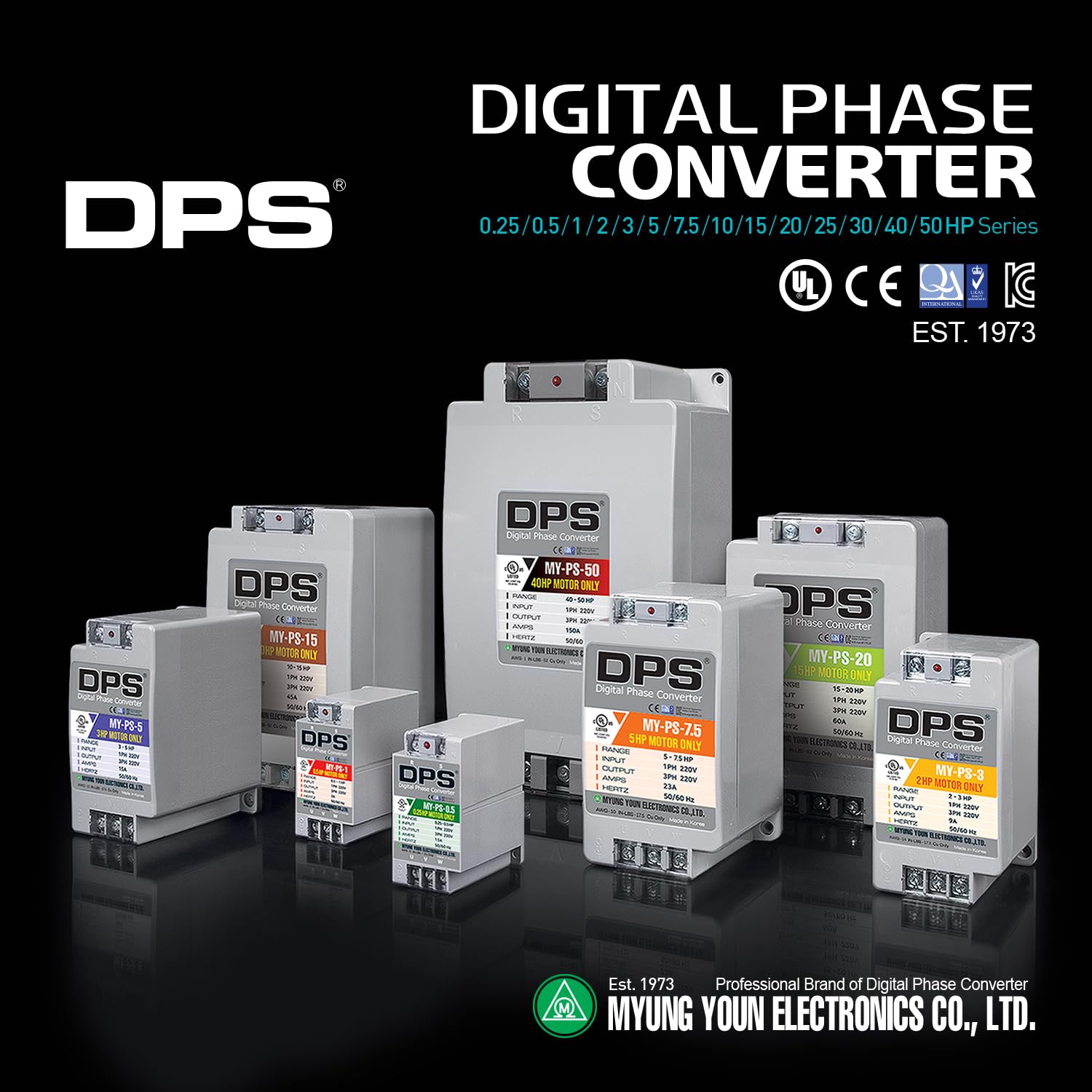 DPS Single-Phase to 3-Phase Converter, My-PS-7.5 Model Must Be Only Used on 5HP(3.7kW) 15 Amps 200-240V 3-Phase Motor, One Must Be Used on One Motor Only, Input/Output 200V-240V, Digital Type