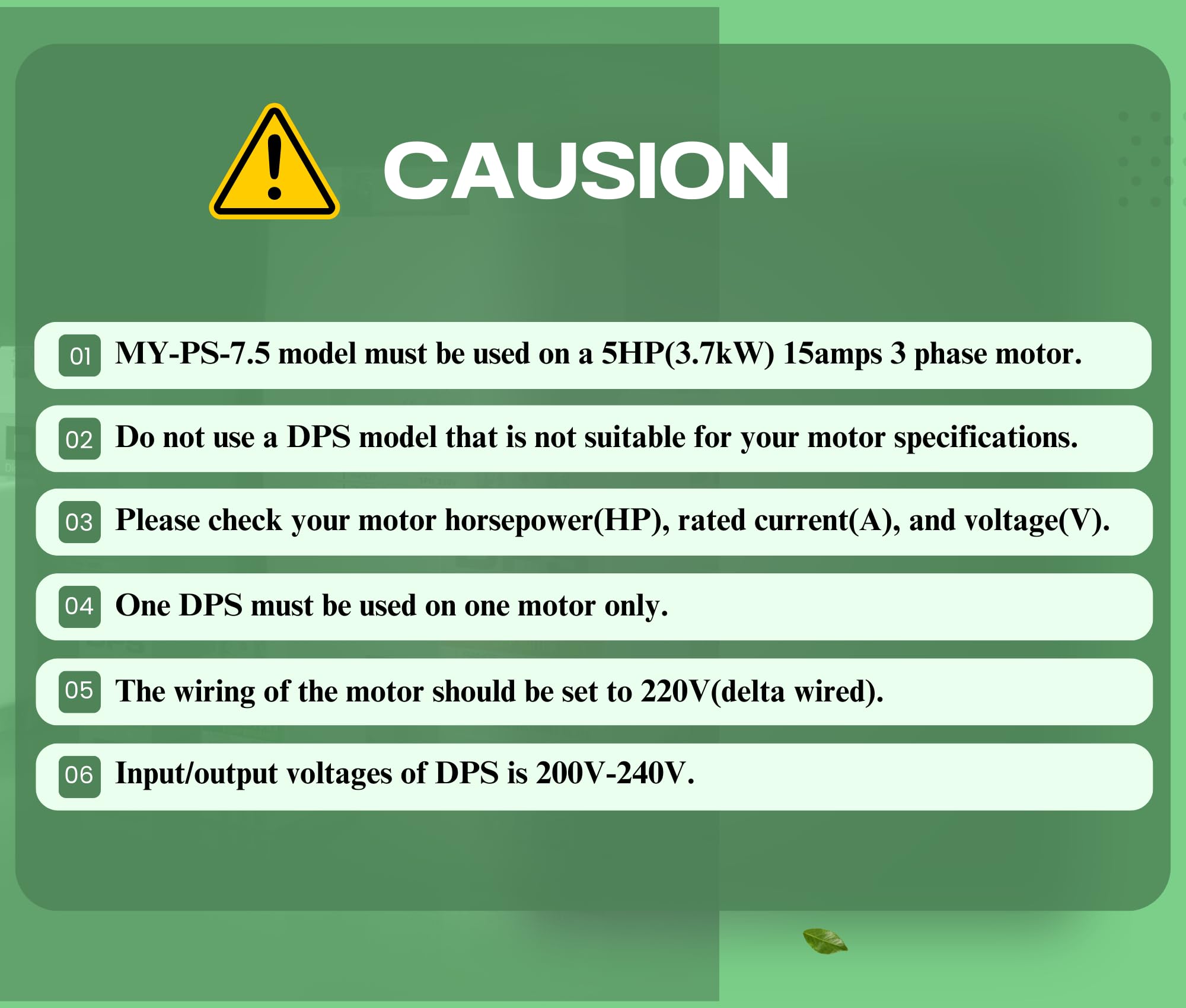 DPS Single-Phase to 3-Phase Converter, My-PS-7.5 Model Must Be Only Used on 5HP(3.7kW) 15 Amps 200-240V 3-Phase Motor, One Must Be Used on One Motor Only, Input/Output 200V-240V, Digital Type