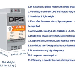 DPS Single-Phase to 3-Phase Converter, My-PS-7.5 Model Must Be Only Used on 5HP(3.7kW) 15 Amps 200-240V 3-Phase Motor, One Must Be Used on One Motor Only, Input/Output 200V-240V, Digital Type