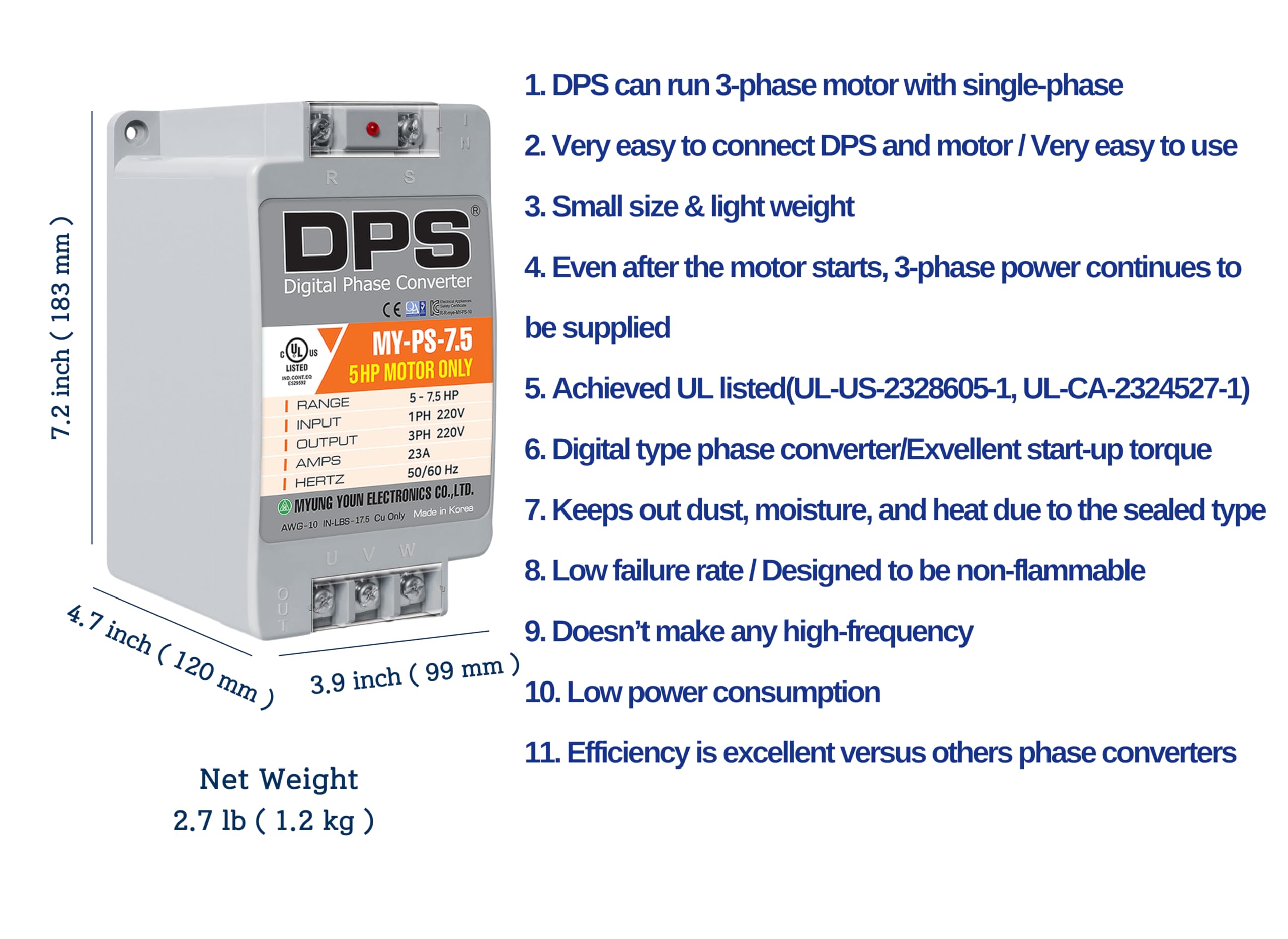 DPS Single-Phase to 3-Phase Converter, My-PS-7.5 Model Must Be Only Used on 5HP(3.7kW) 15 Amps 200-240V 3-Phase Motor, One Must Be Used on One Motor Only, Input/Output 200V-240V, Digital Type