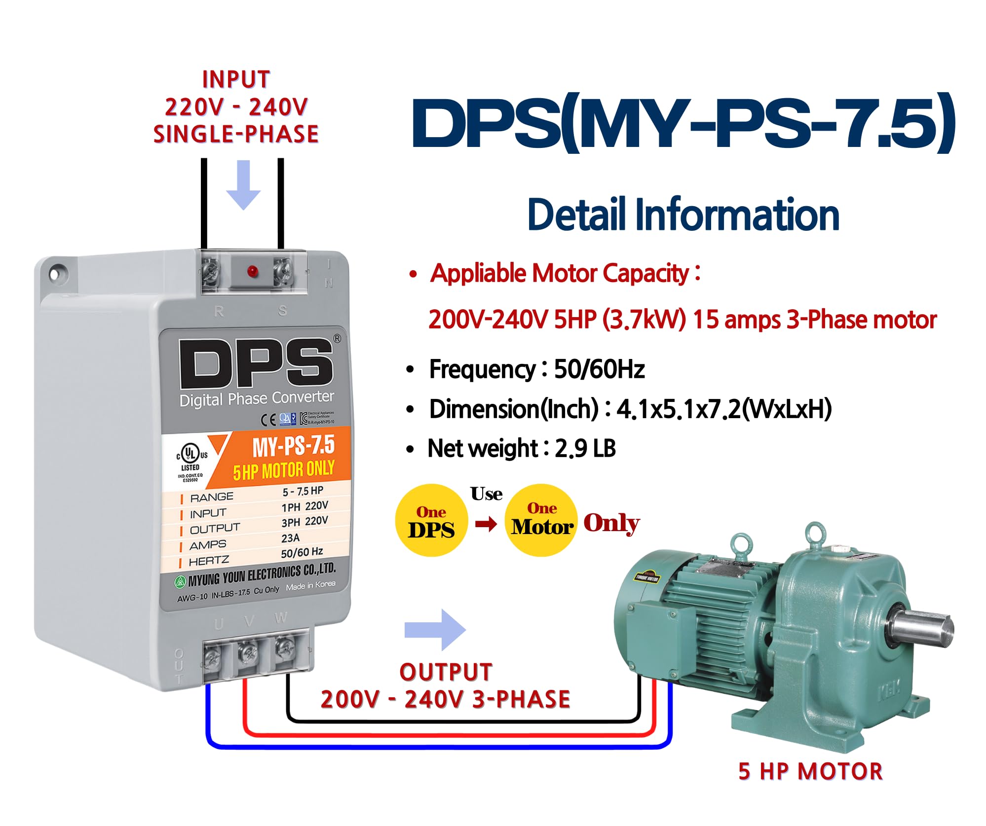 DPS Single-Phase to 3-Phase Converter, My-PS-7.5 Model Must Be Only Used on 5HP(3.7kW) 15 Amps 200-240V 3-Phase Motor, One Must Be Used on One Motor Only, Input/Output 200V-240V, Digital Type