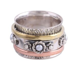 novica artisan handcrafted cultured pearl meditation spinner ring sterling silver with brass copper freshwater metallic tone white band india birthstone [band width 13 mm w] ' spinning blossom'