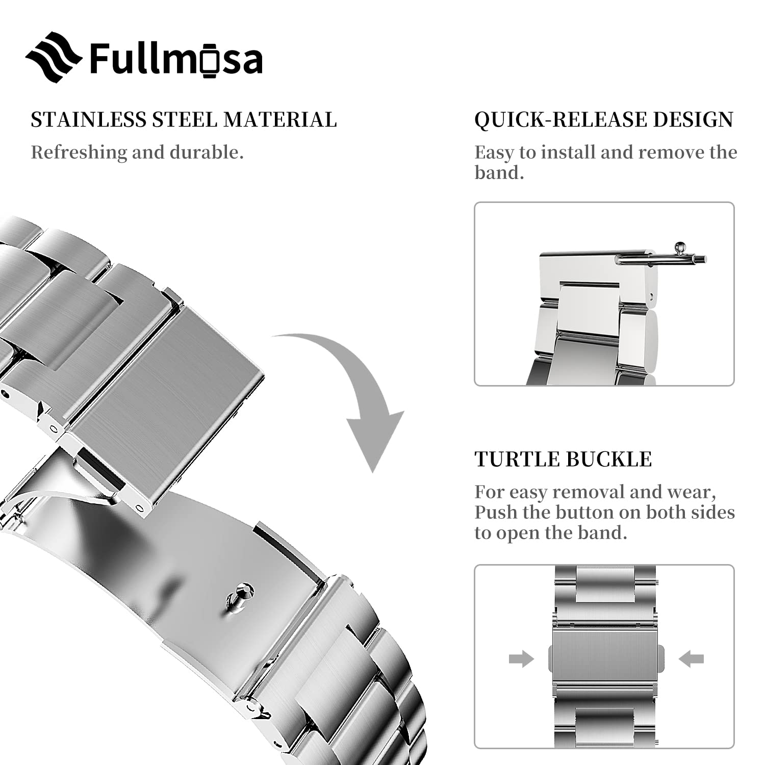 Fullmosa 20mm Stainless Steel Watch band Compatible with Samsung Galaxy Watch 5 40mm 44mm/Pro 45mm/Galaxy Watch 4 40mm 44mm/Classic 46mm 42mm(2021)/Galaxy Watch 3 41mm, Silver