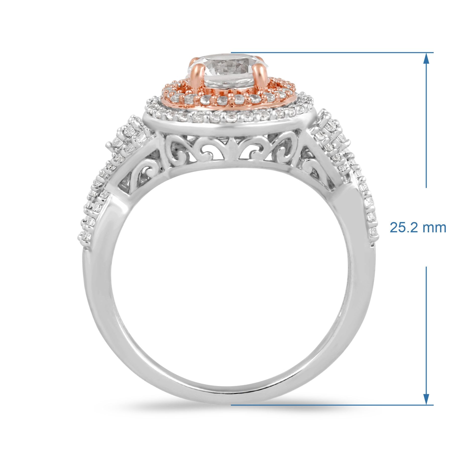 Jewelili 14k Rose Gold Plated Sterling Silver with 6 MM Centre Round Created White Sapphire Halo Ring, Size 7