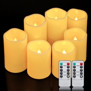 aignis flameless led candles with 10-key remote & timer, outdoor indoor waterproof battery operated candles for home/wedding/holiday décor, exquisite set of 7 (d3'' x h4''/5''/6'')