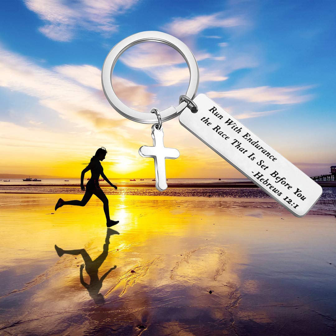 MAOFAED Religious Jewelry Bible Verse Keychain Run With Endurance the Race That Is Set Before You Hebrews 12:1 Scripture Keychain (KR-Run with Endurance)