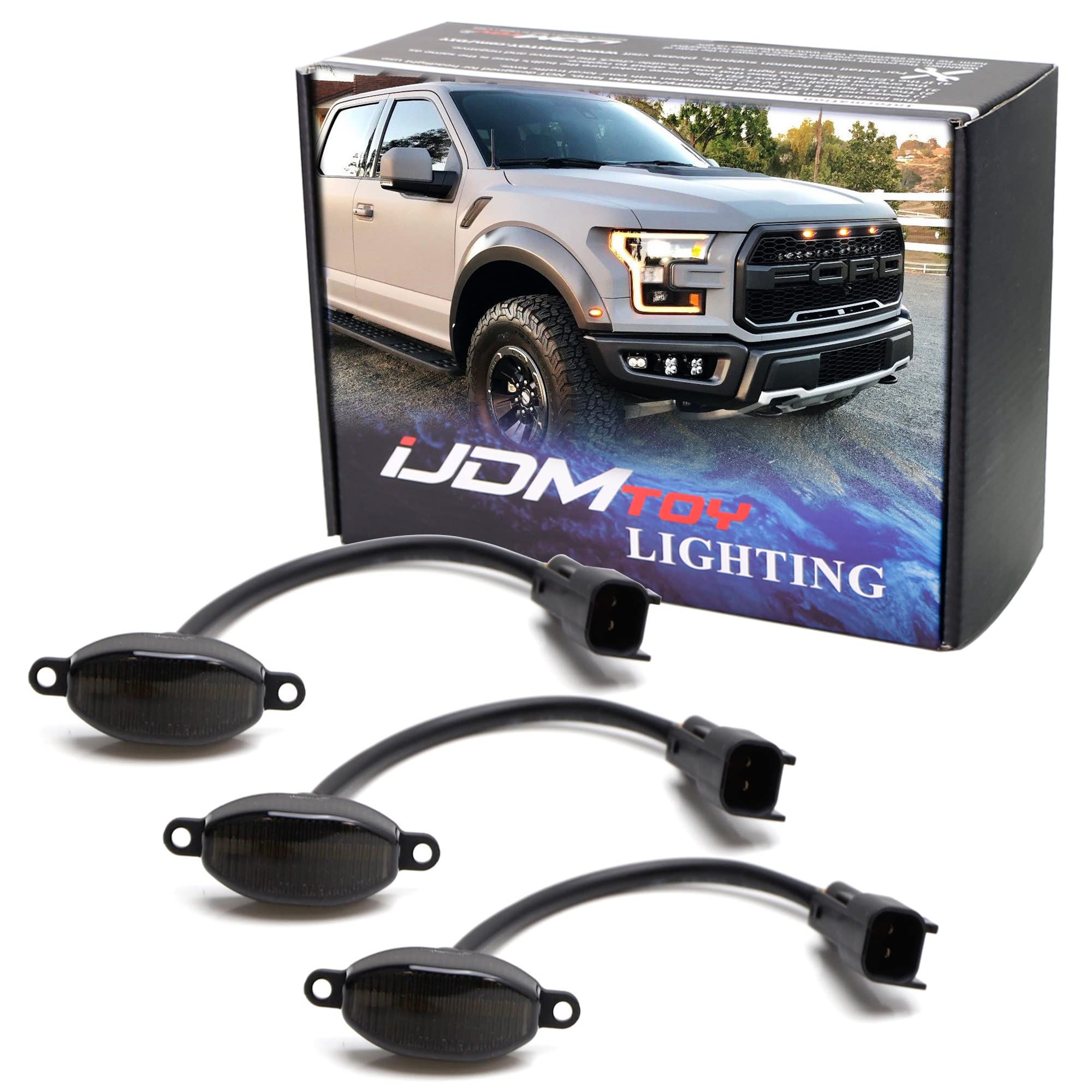 iJDMTOY 75-123-Smoked-Amber 3pc Dark Smoked Lens Amber Full Front Grille Driving Light Kit for 2010-14 & 2017-up Ford Raptor (Powered by 36 Pieces of SMD LED Diodes)