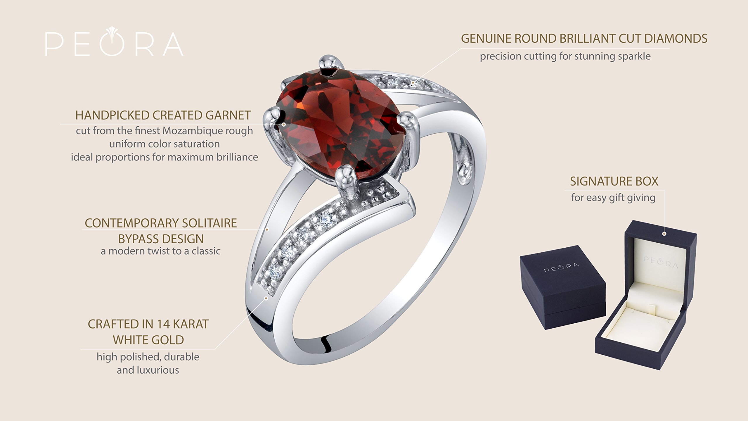 PEORA Garnet and Diamond Solitaire Bypass Ring for Women 14K White Gold, Genuine Gemstone Birthstone, 1.50 Carats Oval Shape 8x6mm, Size 8