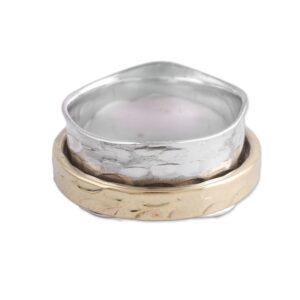 novica artisan handmade .925 sterling silver brass meditation spinner ring from india metallic [band width 9 mm w] 'contrasting beauty'