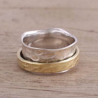 NOVICA Artisan Handmade .925 Sterling Silver Brass Meditation Spinner Ring from India Metallic [band Width 9 mm W] 'Contrasting Beauty'