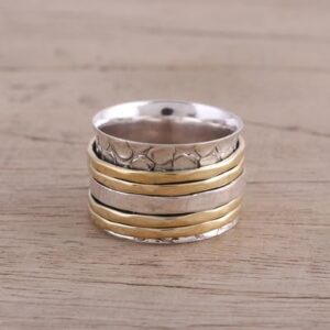 NOVICA Artisan Handmade .925 Sterling Silver Brass Meditation Spinner Ring from India Metallic [band Width 9 mm W] 'Contrasting Beauty'