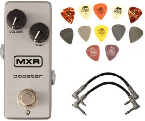 mxr m293 booster mini guitar effects pedal bundle with 2 patch cables and dunlop pick pack