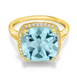 gem stone king 10k yellow gold sky blue topaz and white created sapphire ring for women (8.54 cttw, cushion 12mm, gemstone birthstone, available in size 5, 6, 7, 8, 9)