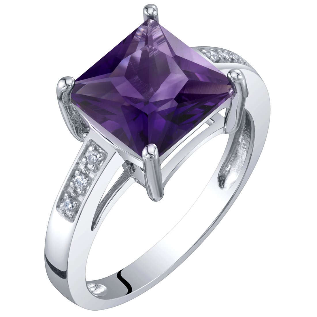 PEORA Amethyst and Diamond Designer Solitaire Ring for Women 14K White Gold, Genuine Gemstone Birthstone, 2 Carats Princess Cut 8mm, Size 9