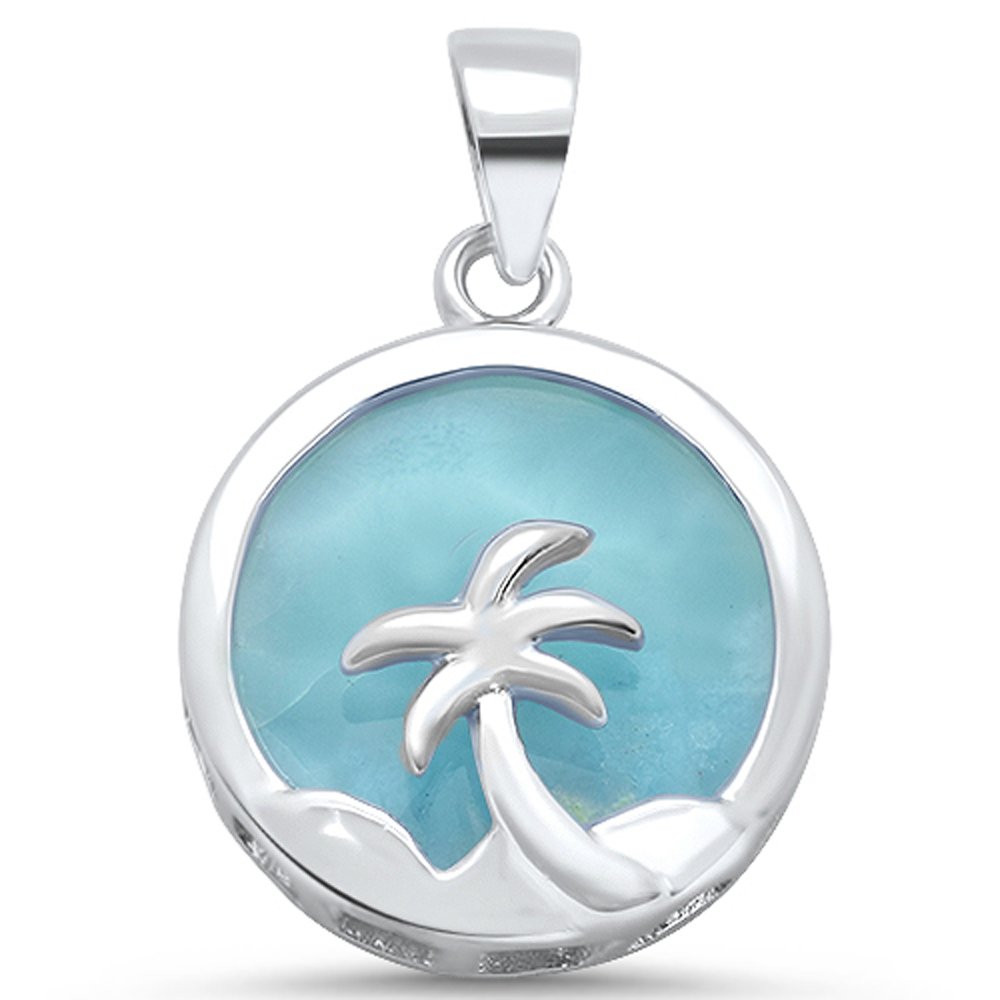 Oxford Diamond Co Sterling Silver Natural Round Larimar with Palm Tree Design Pendant