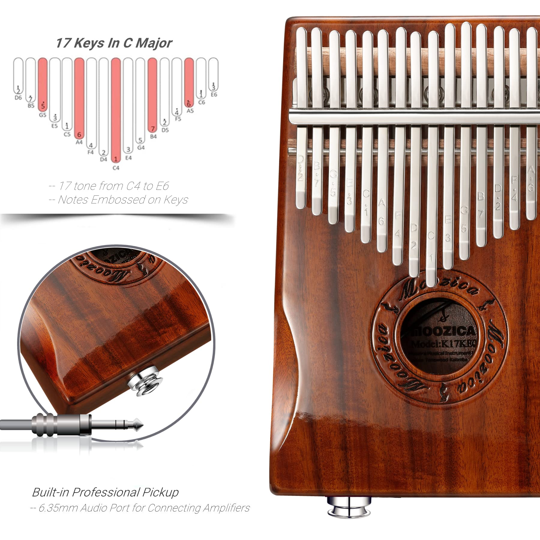 MOOZICA 17-Key EQ Kalimba, Solid Koa Wood Electric Kalimba Thumb Piano With Built-in Pickup and Professional Kalimba Case (K17K-EQ)