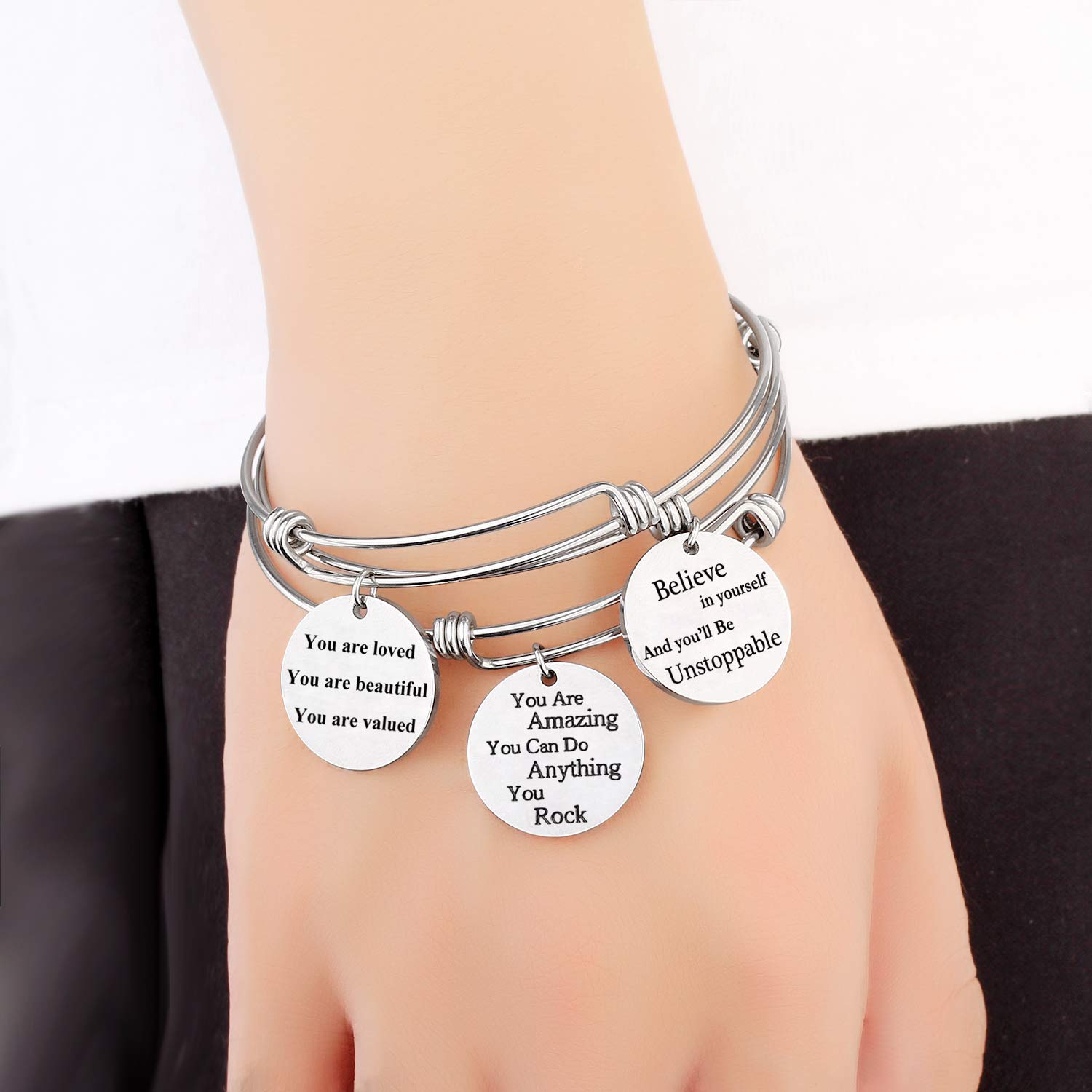 Jvvsci 3PCS Stainless Steel Inspirational Charm Bracelets Jewelry Set Engraved Message Motivational Expendable Bangles for Women Girls