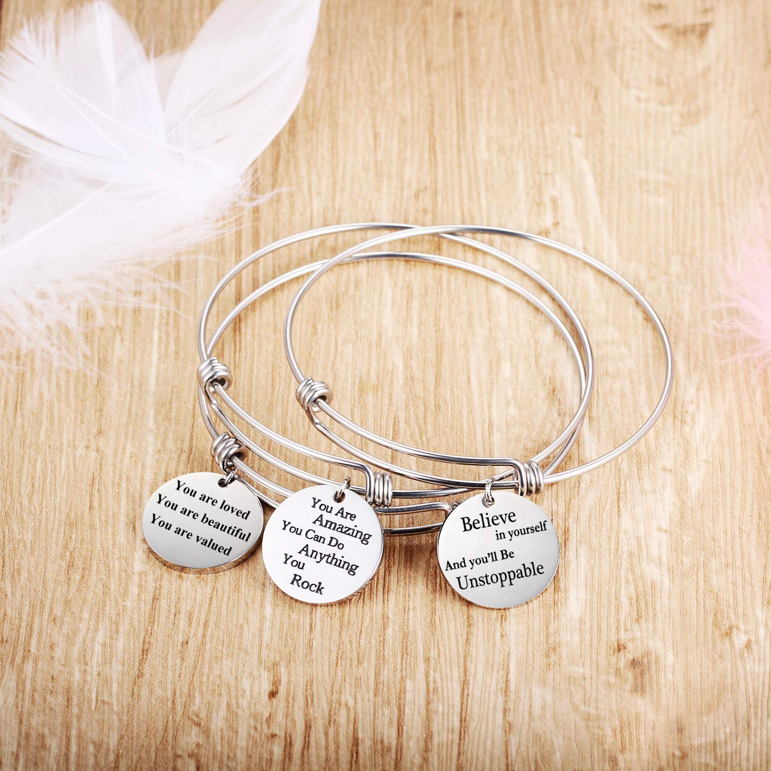 Jvvsci 3PCS Stainless Steel Inspirational Charm Bracelets Jewelry Set Engraved Message Motivational Expendable Bangles for Women Girls