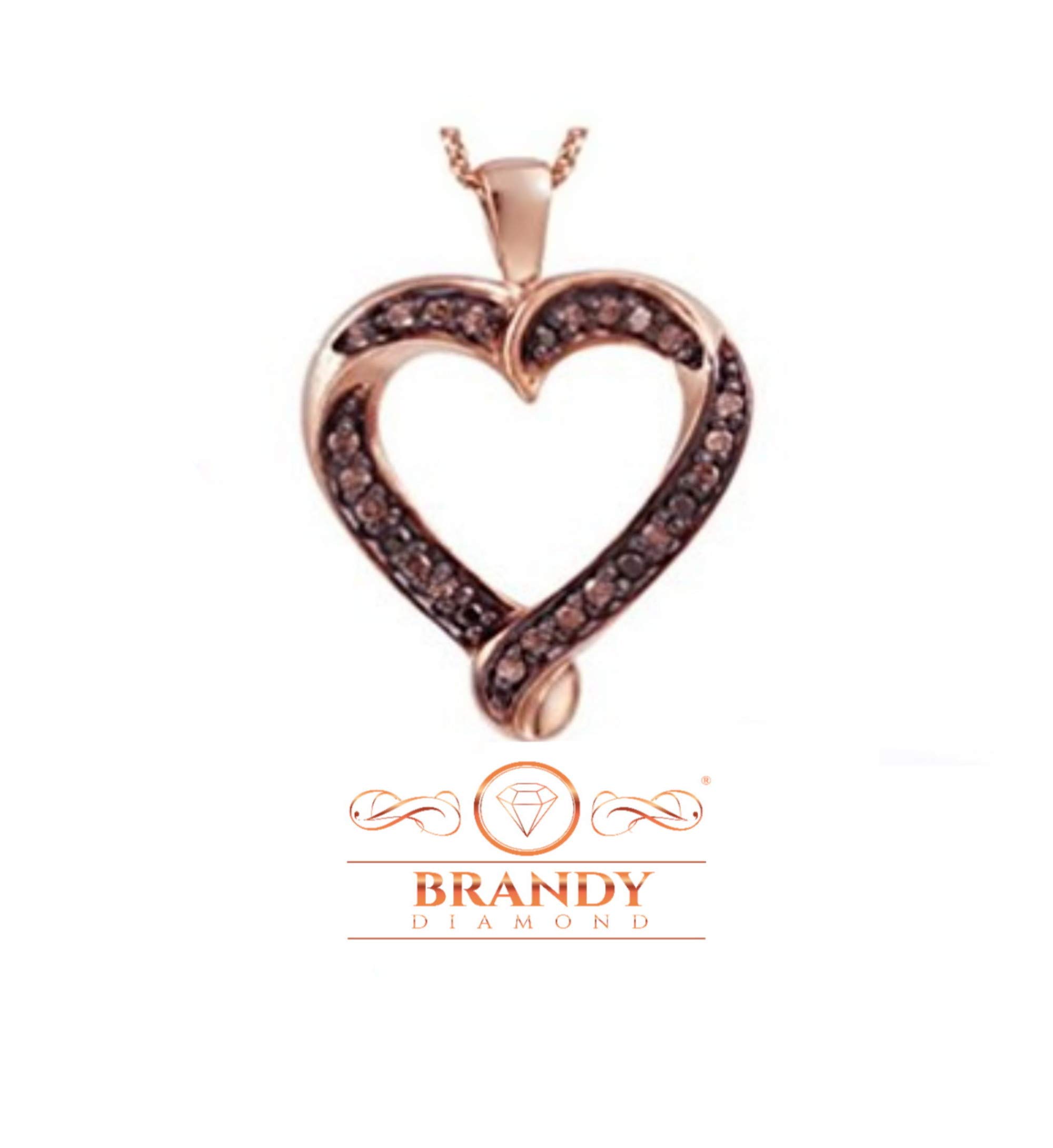 Brandy Diamond 18K Rose Gold Silver Chocolate Brown Diamond Loving you Forever Heart Pendant Fine Necklace 1/3 Ctw.