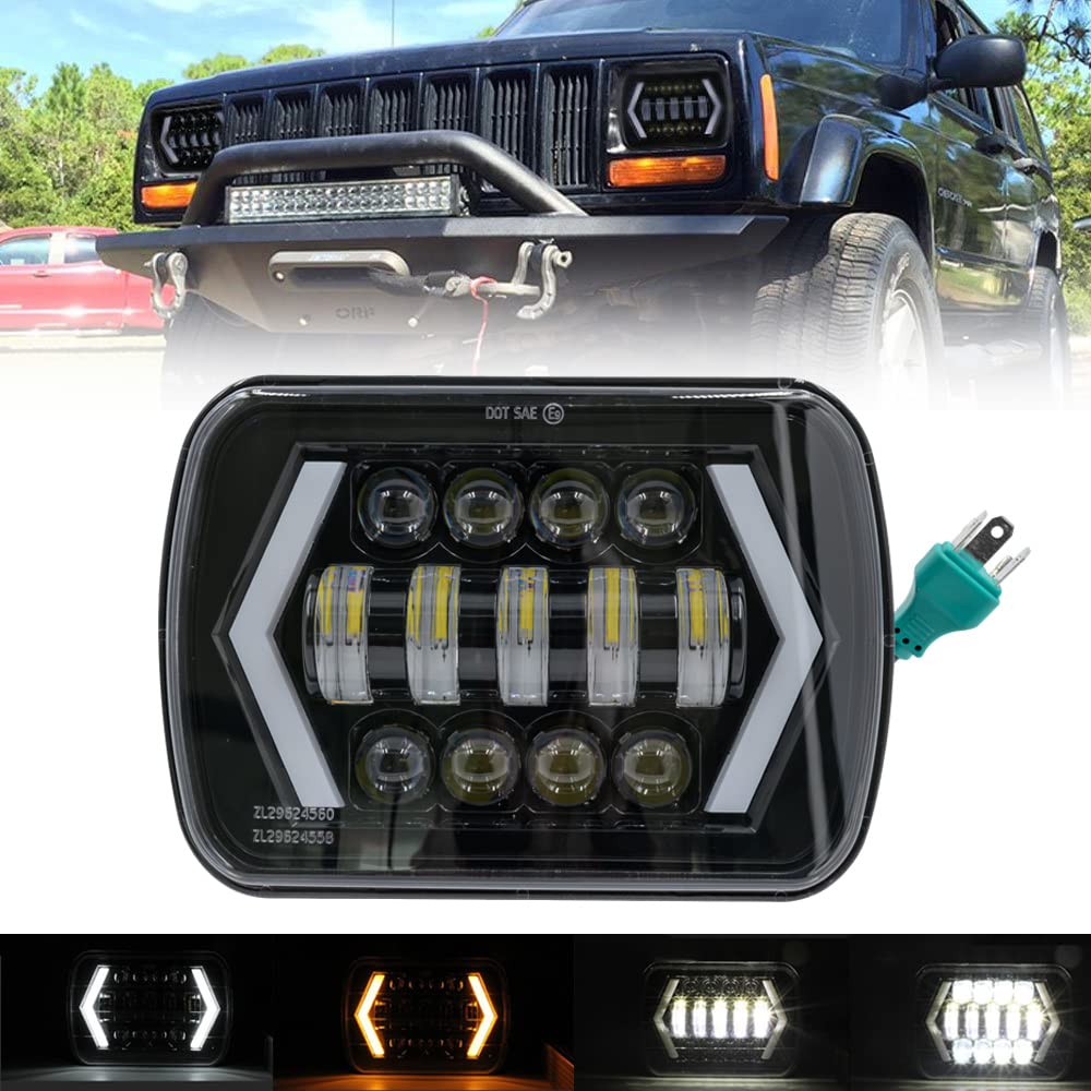 7x6 inch Halo LED Headlight, 5x7 inch Square LED Headlamp with Arrow Angel Eyes DRL Turn Signal Light Replaces H6054 H5054 H6054LL 69822 For Jeep Wrangler XJ YJ Sedans GMC - Smoked Lens