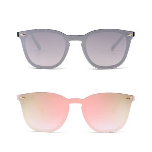 jim halo trendy rimless mirrored sunglasses reflective sun glasses for women men 2 pack (mirror silver & mirror pink)