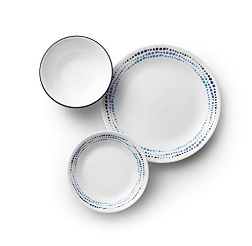 Corelle Vitrelle 18-Piece Service for 6 Dinnerware Set, Triple Layer Glass and Chip Resistant, Lightweight Round Plates and Bowls Set, Ocean Blue