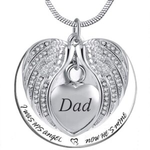 prekiar angel wing urn necklace for ashes, heart cremation memorial keepsake pendant necklace jewelry with fill kit and gift box (dad)