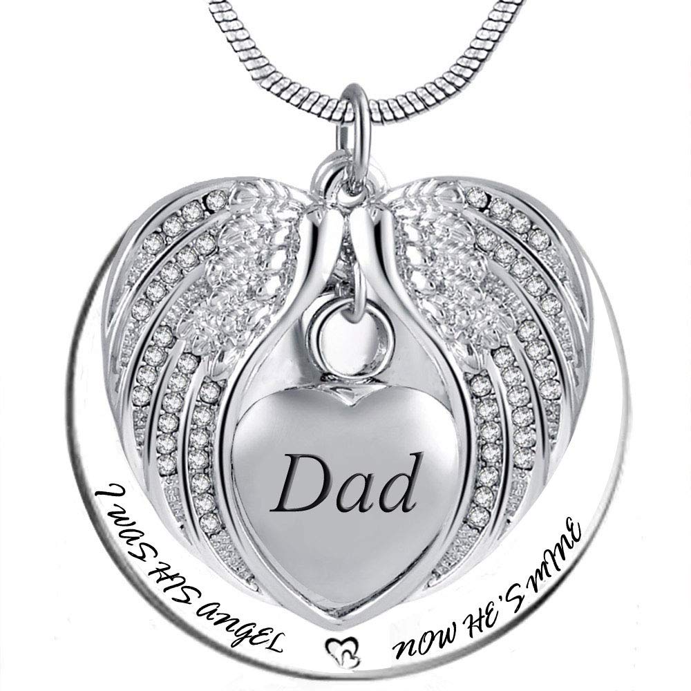 PREKIAR Angel Wing Urn Necklace for Ashes, Heart Cremation Memorial Keepsake Pendant Necklace Jewelry with Fill Kit and Gift Box (Dad)