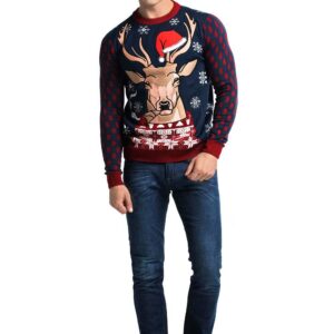 Men‘s Ugly Christmas Sweater Unisex Novelty Santa Pullover for Party Fun Reindeer with Hat Medium