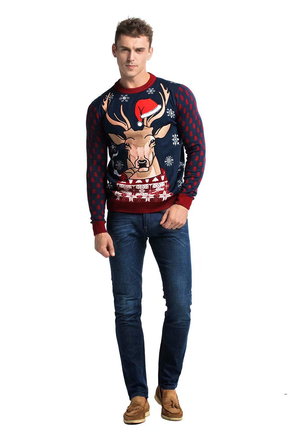 Men‘s Ugly Christmas Sweater Unisex Novelty Santa Pullover for Party Fun Reindeer with Hat Medium