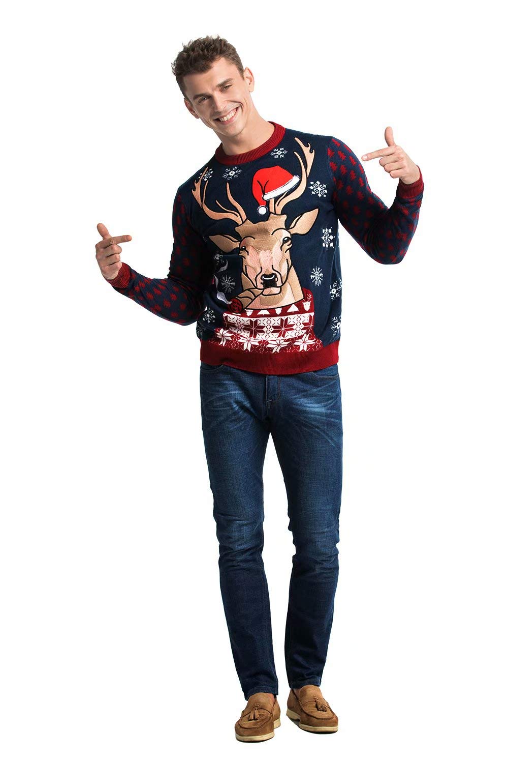 Men‘s Ugly Christmas Sweater Unisex Novelty Santa Pullover for Party Fun Reindeer with Hat Medium