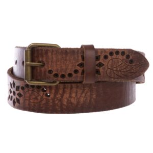 1 1/4" snap on embossed floral leaf perforated vintage soft cowhide full grain thick leather casual jean belt, brown | 32"