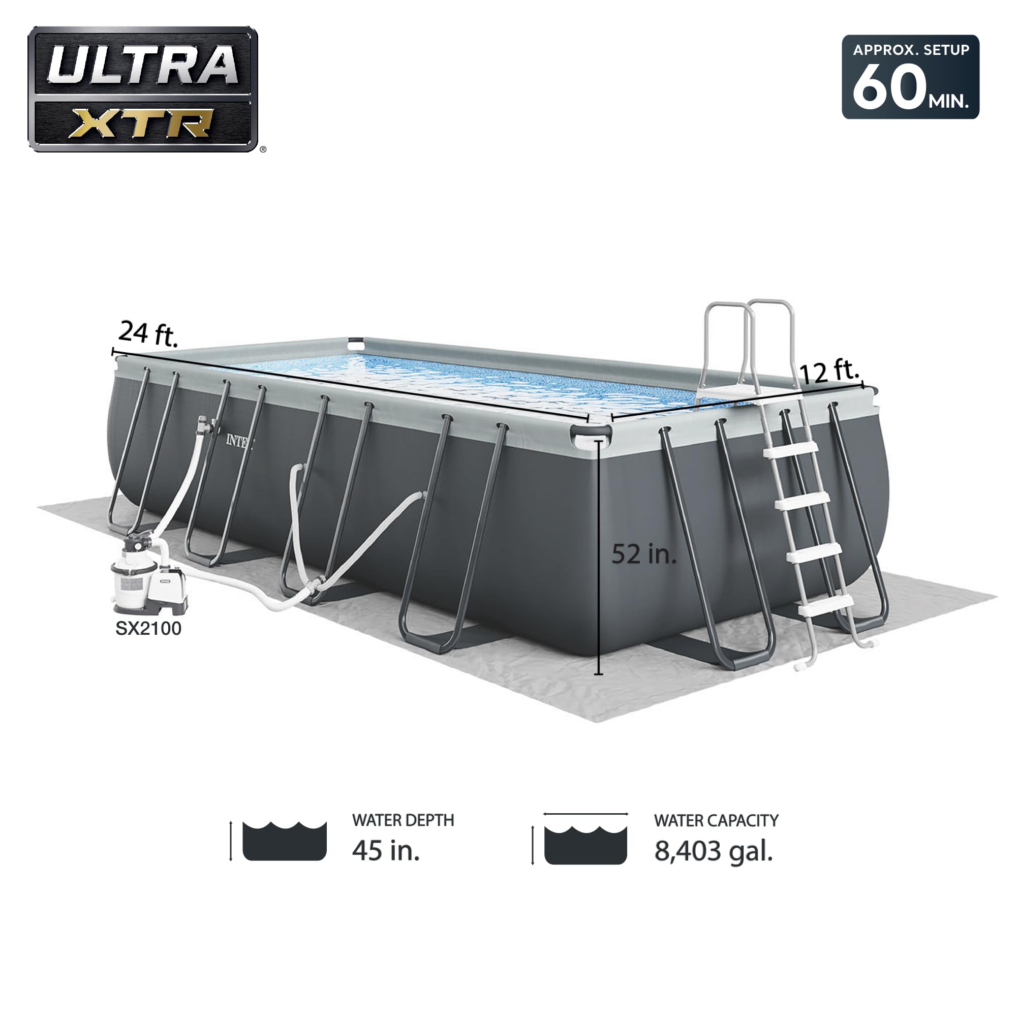 Intex 26363EH Ultra XTR Deluxe Rectangular Above Ground Swimming Pool Set: 24ft x 12ft x 52in – Includes 2100 GPH Sand Filter Pump – SuperTough Puncture Resistant – Rust Resistant – Easy to Assemble