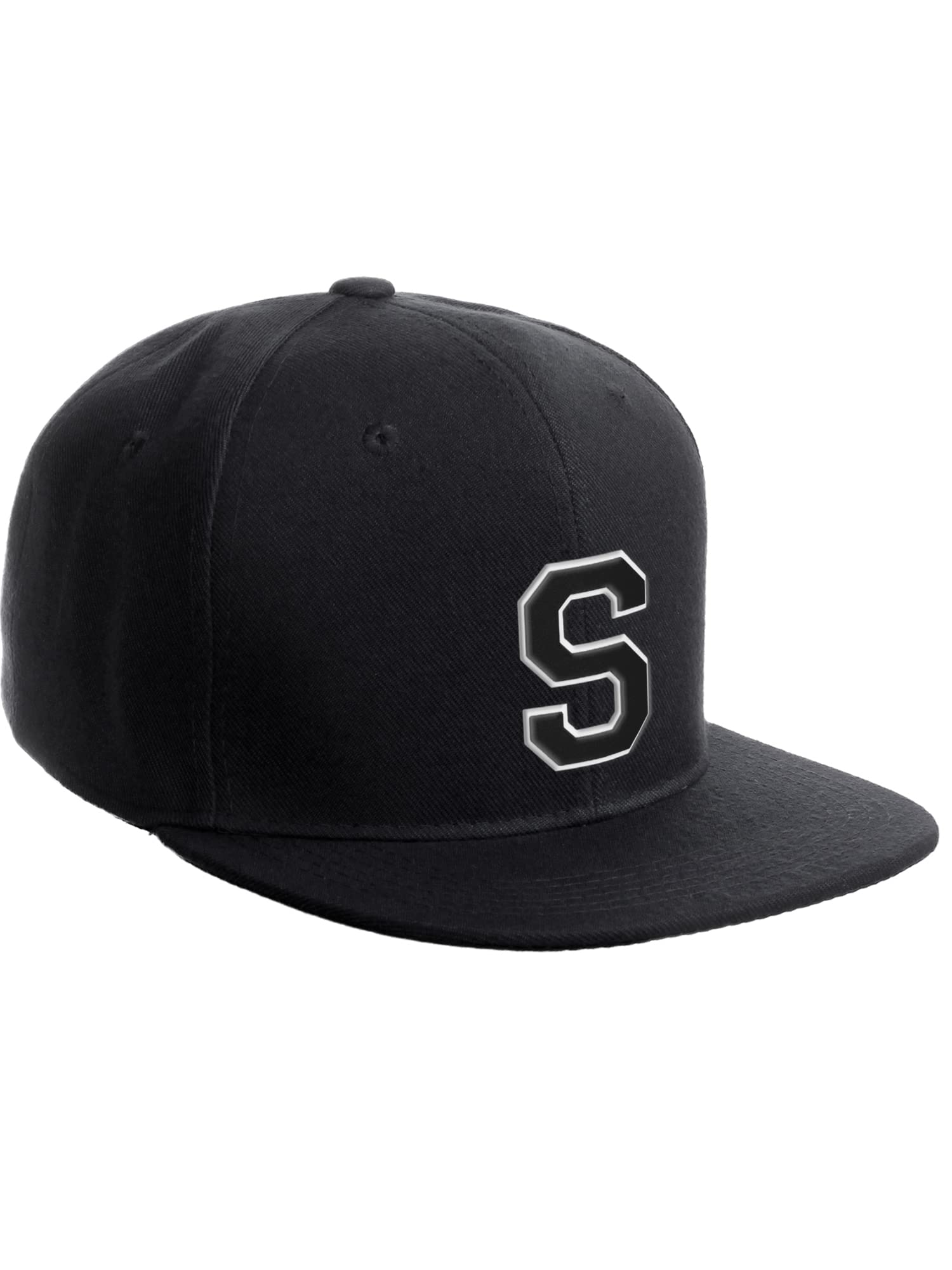 Classic Snapback Hat Custom A to Z Initial Raised Letters, Black Cap White Black Letter Initial S