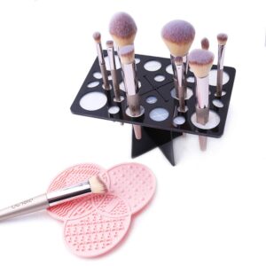 makeup brush cleaning mat & makeup brush drying rack, diolan 28 holes makeup brush holder, silicone rubber clover shaped mat cleaner - black & pink