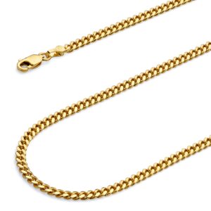 wellingsale 14k solid yellow gold 2mm miami cuban link curb chain with lobster claw clasp - 24" inches