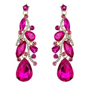 brilove women's bohemian boho dangle earrings with crystal multi teardrop filigree cluster chandelier fuchsia gold-tone