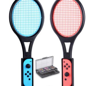 Tendak Tennis Racket for Nintendo Switch Joy-Con, Game Accessories for Mario Tennis Aces Game with 12 in 1 Game Card Case (2 Pack, Black)