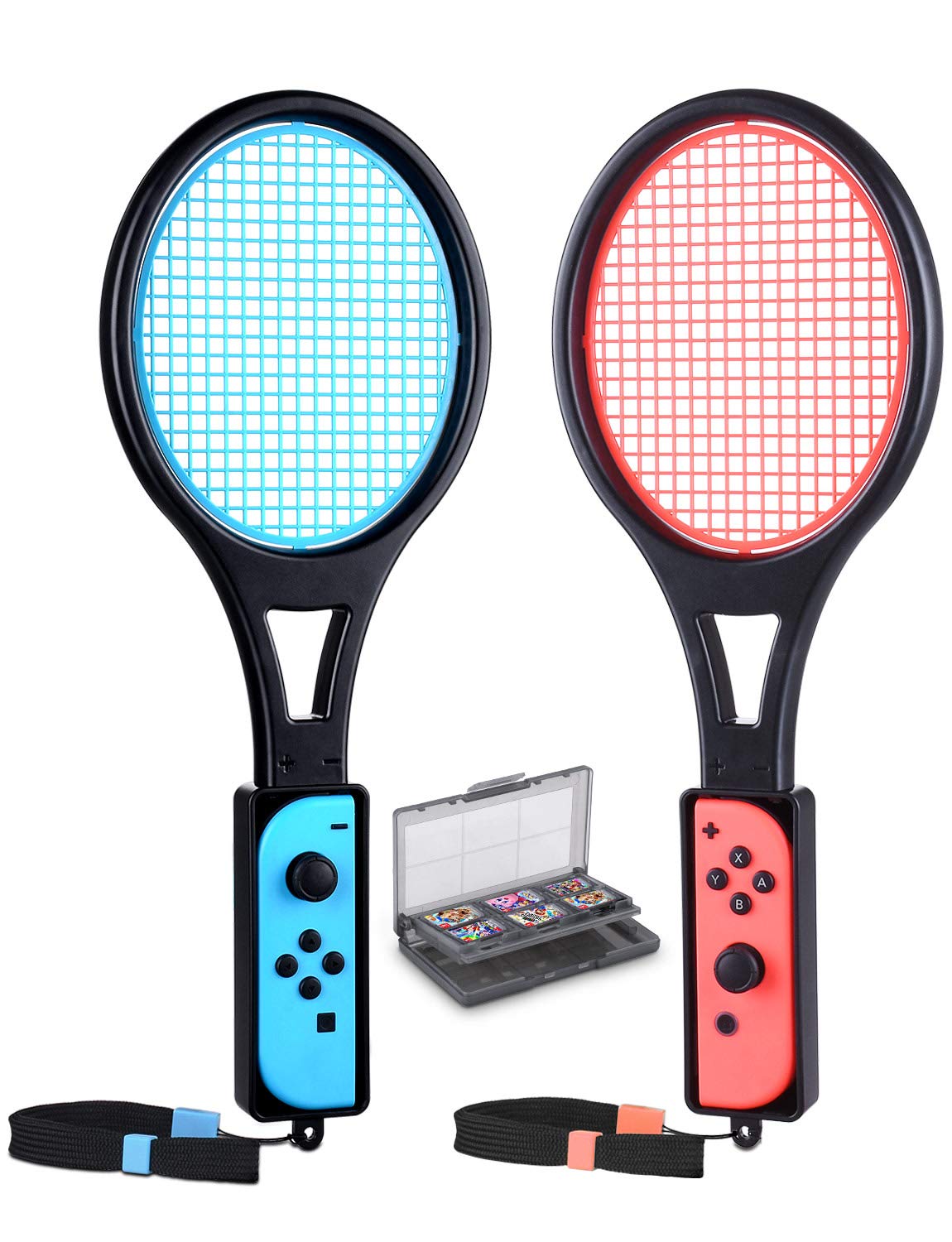 Tendak Tennis Racket for Nintendo Switch Joy-Con, Game Accessories for Mario Tennis Aces Game with 12 in 1 Game Card Case (2 Pack, Black)