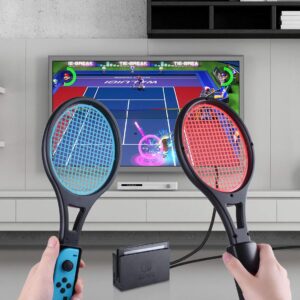 Tendak Tennis Racket for Nintendo Switch Joy-Con, Game Accessories for Mario Tennis Aces Game with 12 in 1 Game Card Case (2 Pack, Black)