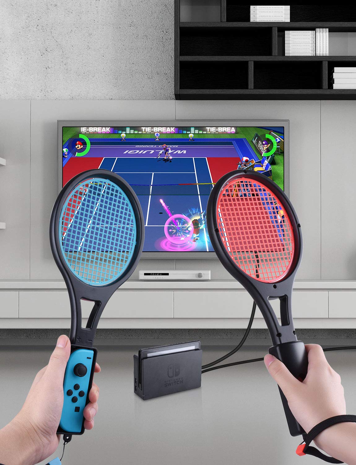 Tendak Tennis Racket for Nintendo Switch Joy-Con, Game Accessories for Mario Tennis Aces Game with 12 in 1 Game Card Case (2 Pack, Black)