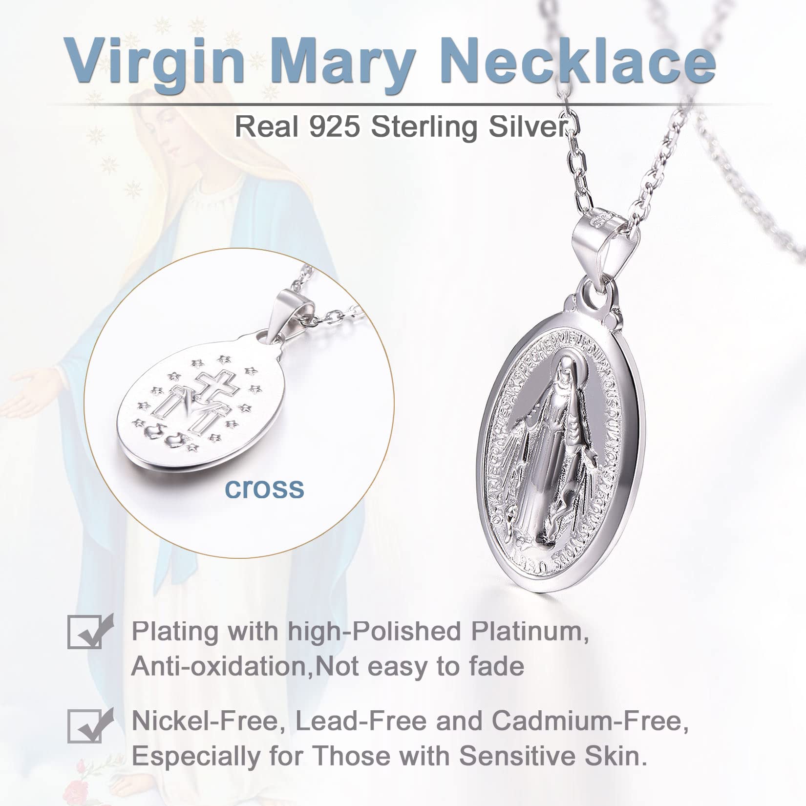 U7 925 Sterling Silver Virgin Mary Necklace Pendant with 20" Chain Catholic Gift for Women Gilrs Oval Miraculous Medal Jewelry