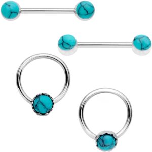 body candy unisex 4pc stainless steel western captive bead ring nipple rings piercing set 14g 9/16"