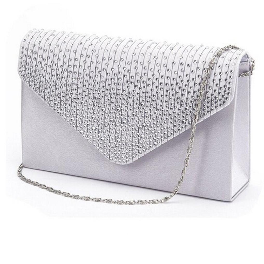 Bolayu Sexy Ladies Evening Satin Diamante Clutch Bag Party Prom Envelope Handbag Shoulder Bags (Silver)