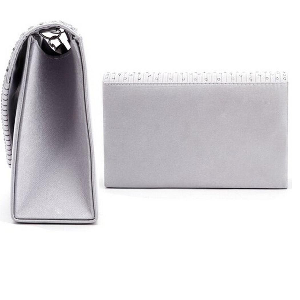 Bolayu Sexy Ladies Evening Satin Diamante Clutch Bag Party Prom Envelope Handbag Shoulder Bags (Silver)