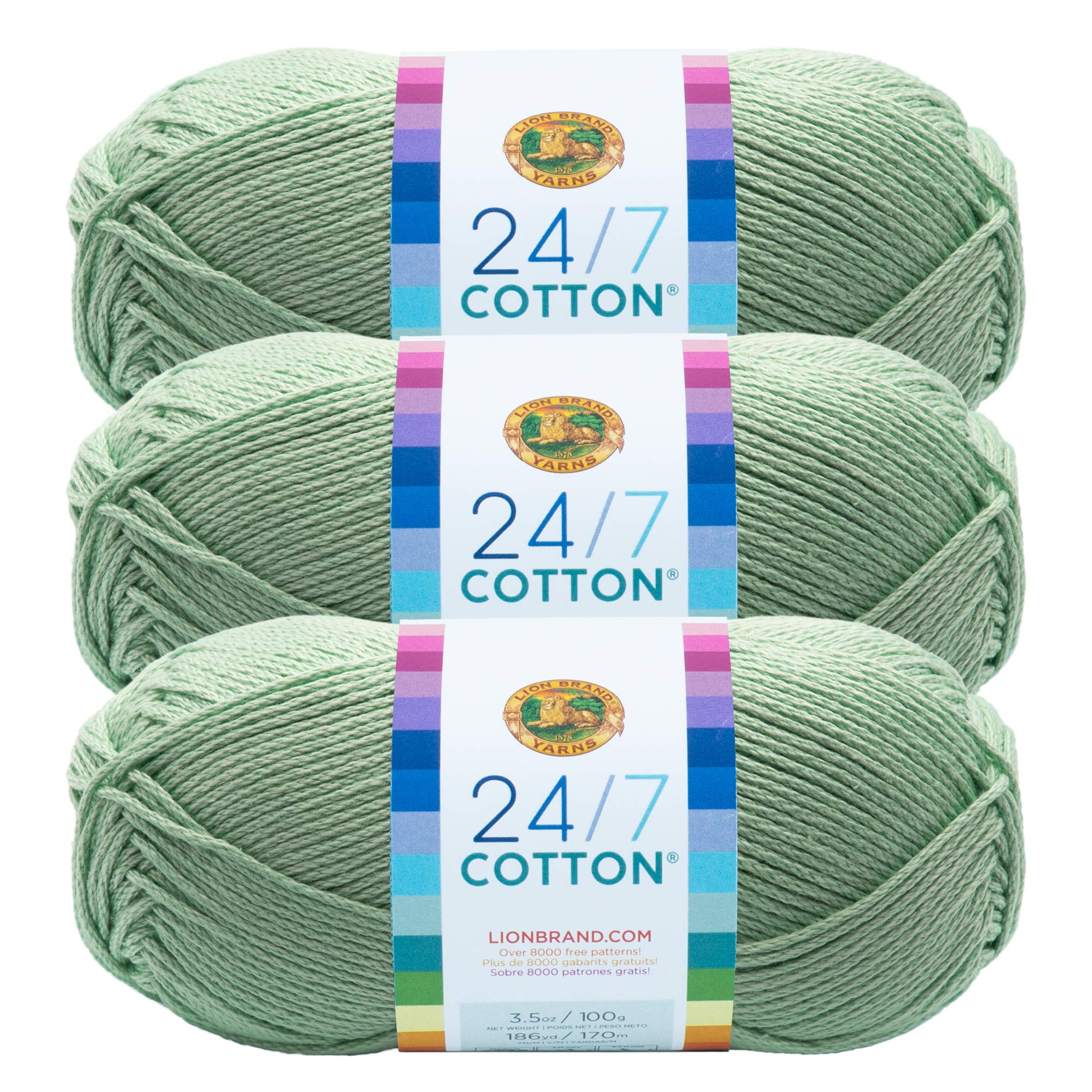 (3 Pack) Lion Brand Yarn 761-156 24/7 Cotton Yarn, Mint